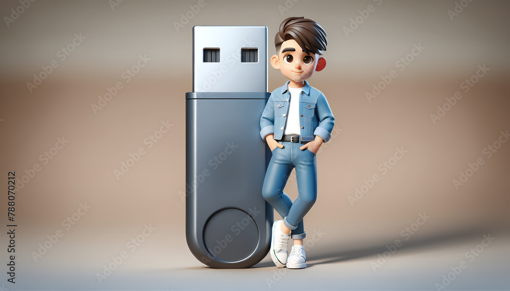 Young Male Cartoon Character with USB Disk, 3D Cartoon Character ...