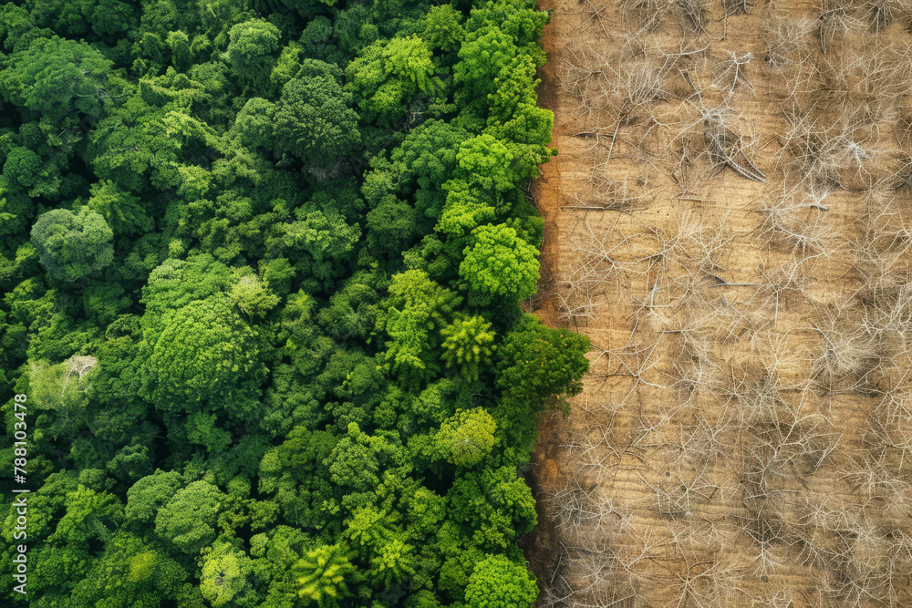 Dividing line separates green foliage of forest from barren dry ground ...