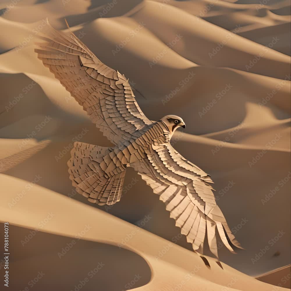 Over a realistic desert landscape, a paper falcon dives, its folded ...