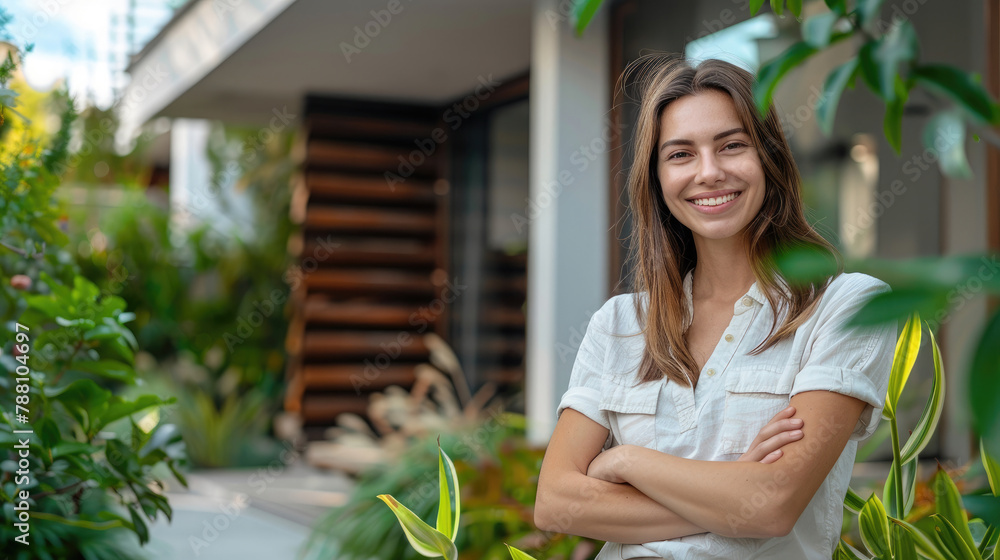 Beautiful middle-aged smiling woman with long hair standing with ...