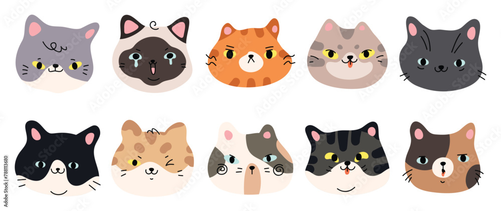 Cute and smile cat heads doodle vector set. Comic happy cat faces ...