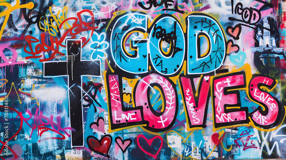 Spray painted graffiti wall positive bold quote GOD Loves graf paint ...