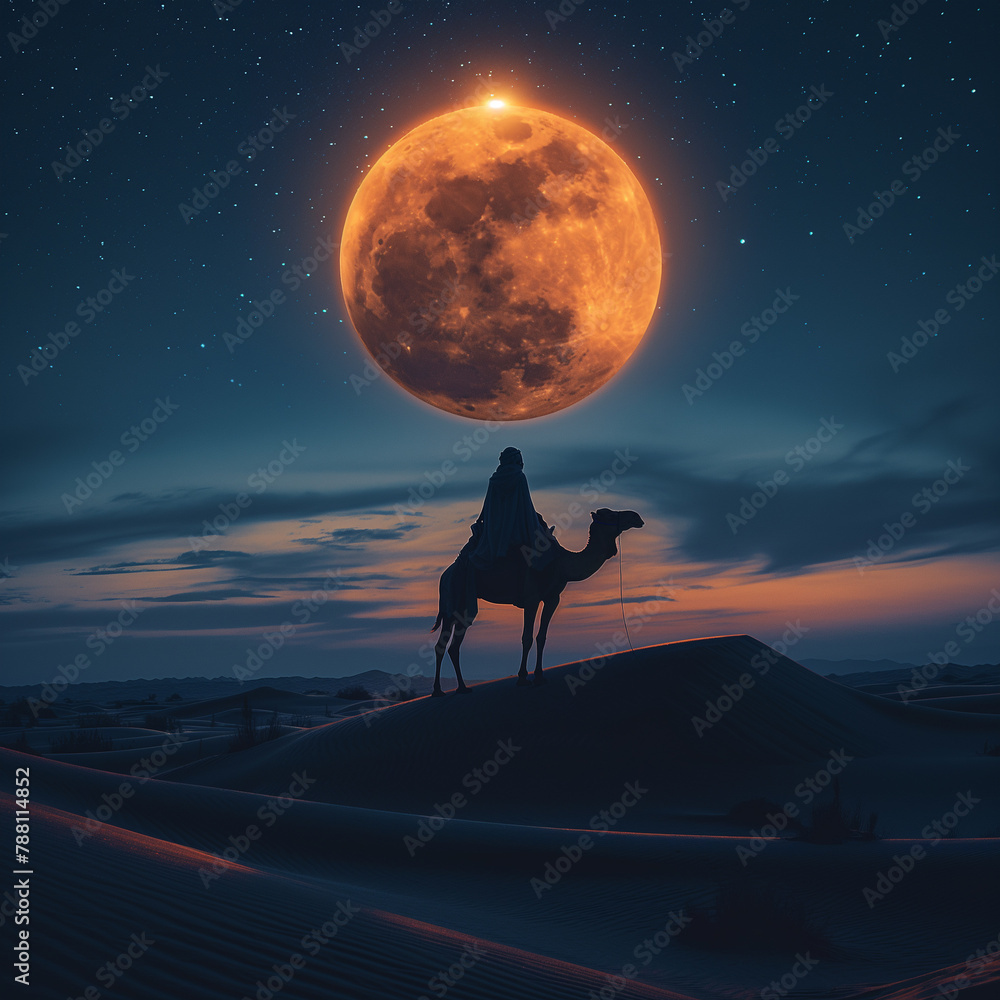 Islamic New Year and Eid Al-Adha theme with silhouette of person on ...