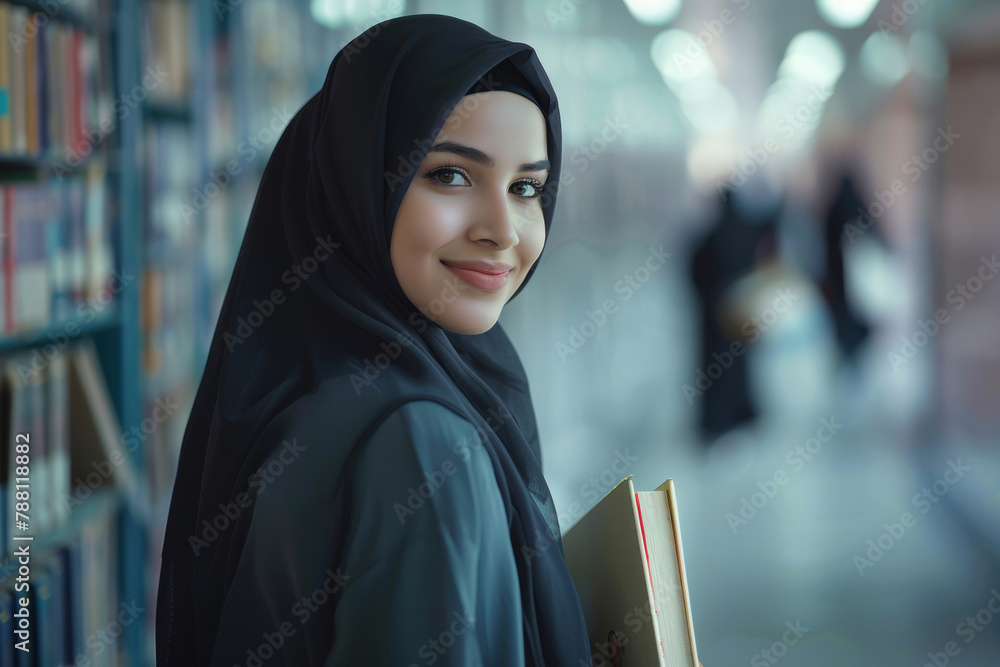 Young smiling Muslim student woman in black hijab holding a book ...