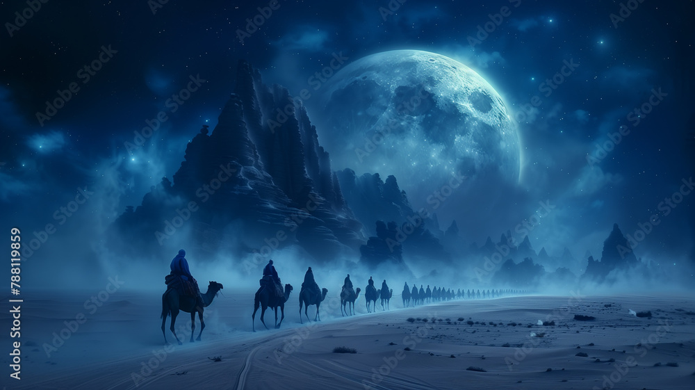 long line of camels with person against giant moon in blue night sky in ...