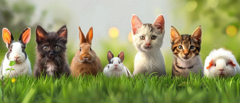 view from the front of various pets such as rabbits, cats, dogs and ...