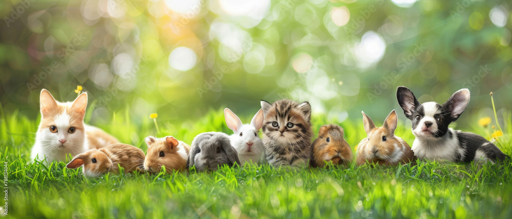 view from the front of various pets such as rabbits, cats, dogs and ...