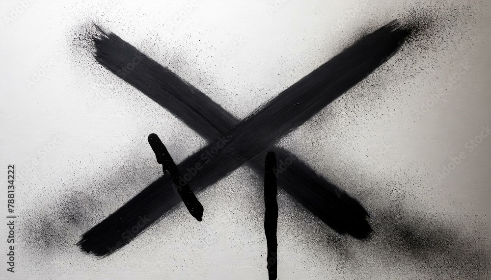 black spray stain on a wall, with an 'X' drawing crossed out, isolated ...