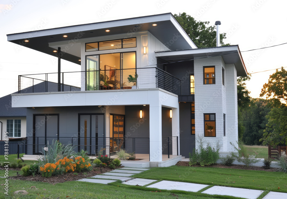 A photo shows the exterior front view of an ultra-modern two-story ...