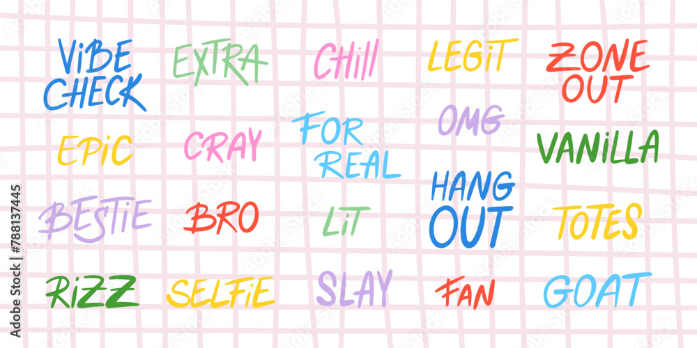 Set of slang words, hand drawn lettering of modern short phrases. Gen Z ...