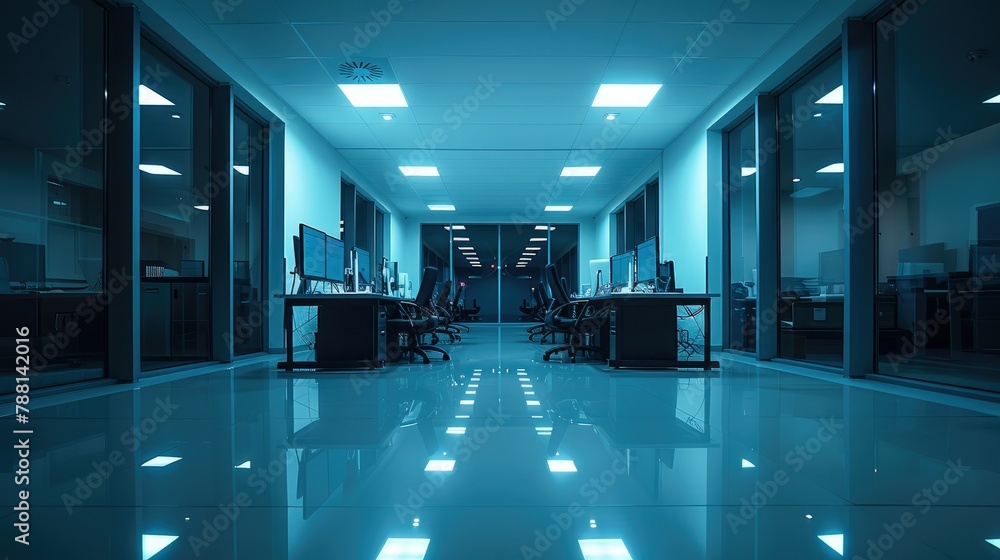 Lights off in an empty office, night time, after hours, open plan ...