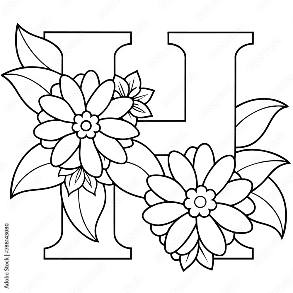 Alphabet H coloring page with the flower, H letter digital outline ...