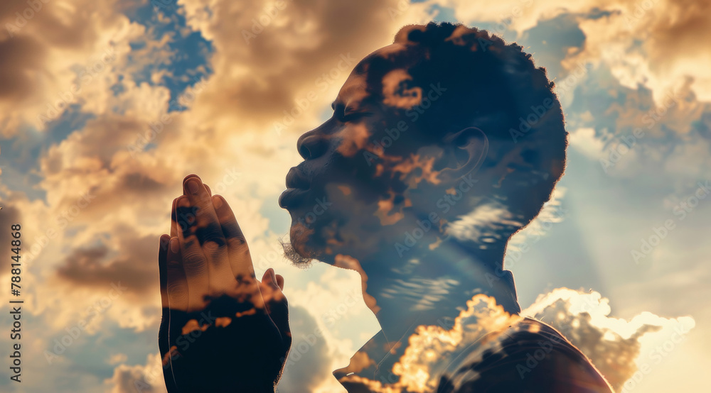 Clouds, prayer and shadow of man on sky with hands for religion ...