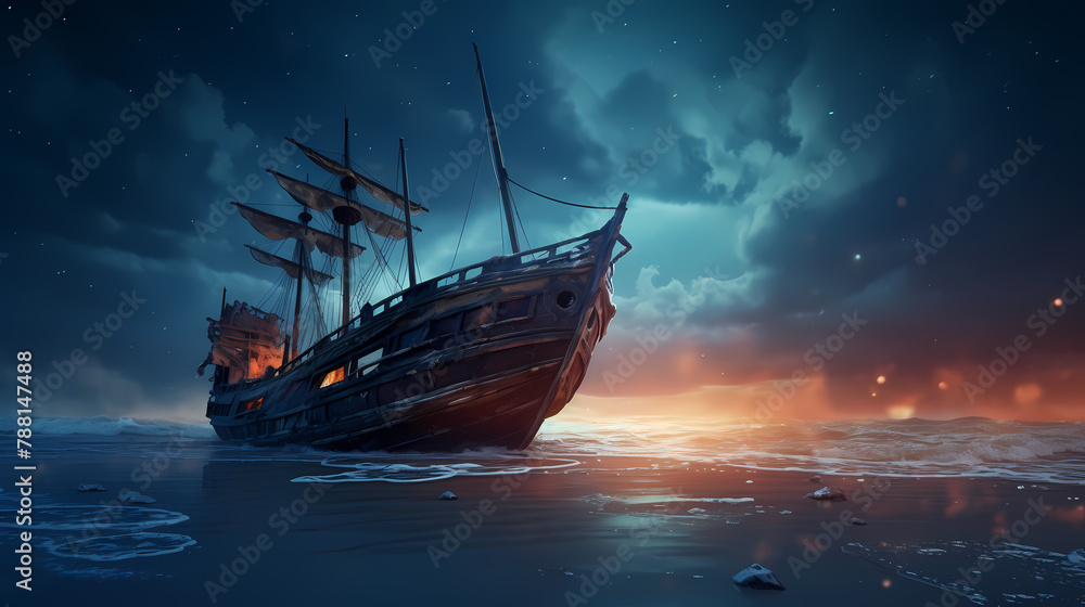 Abandoned sunken ship on the beach under starry night sky, shrouded in ...