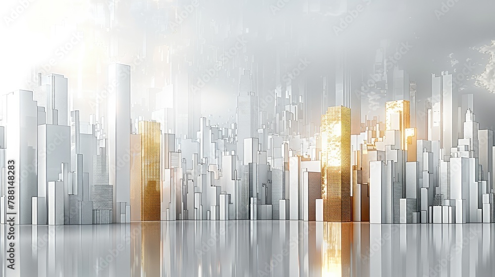 White background, city skyline with white buildings that have gold and ...