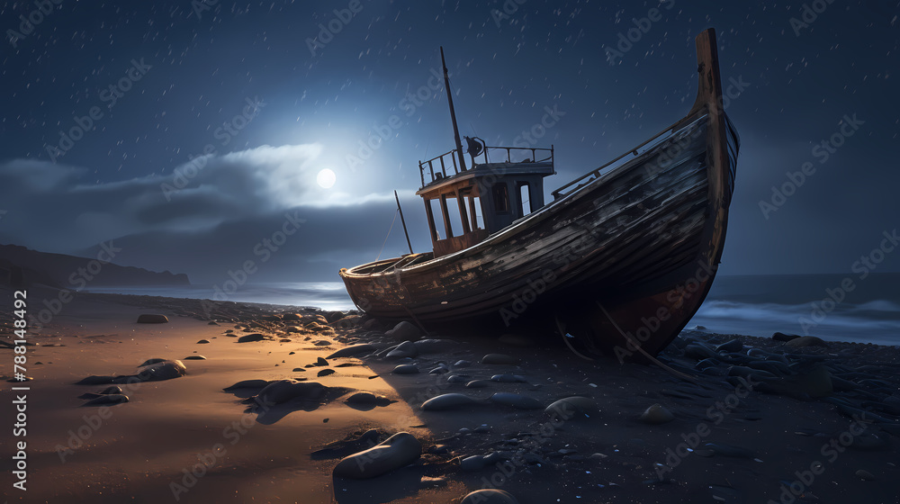 Abandoned sunken ship on the beach under starry night sky, shrouded in ...