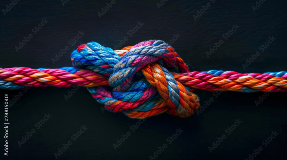 Knot, color and rope with unity, cooperation and collaboration on a ...