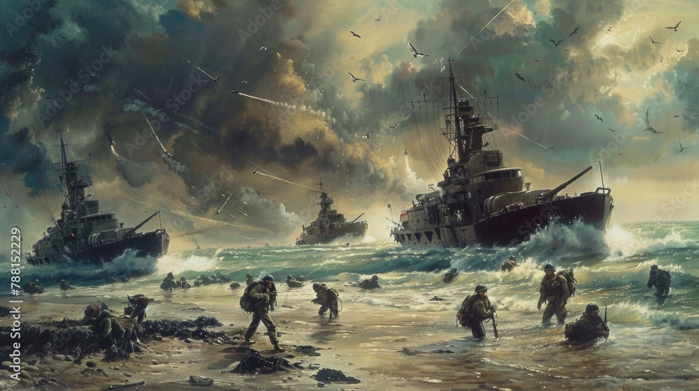 D-Day Normandy Invasion concept art with soldiers landing on beach and ...