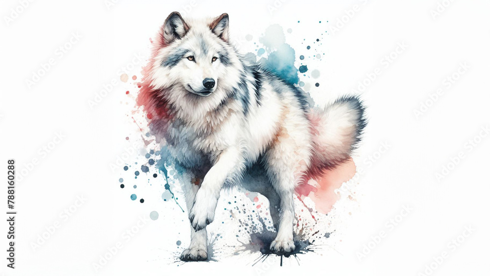 Silent Sentinel: A Full-Body Watercolor Splash Illustration of a Wolf ...