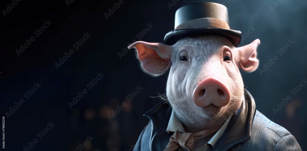 Gentleman, the boss is a fat pig, a piglet in a hat, suit and tie ...
