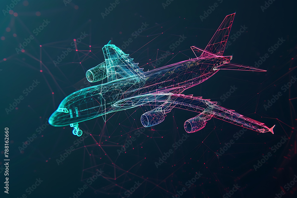 A futuristic wireframe-based visualization of an airplane against a ...