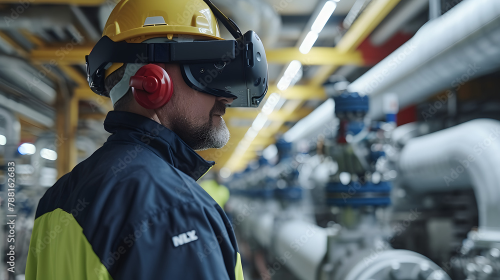 Industrial worker with hard hat and ear protection in a manufacturing ...