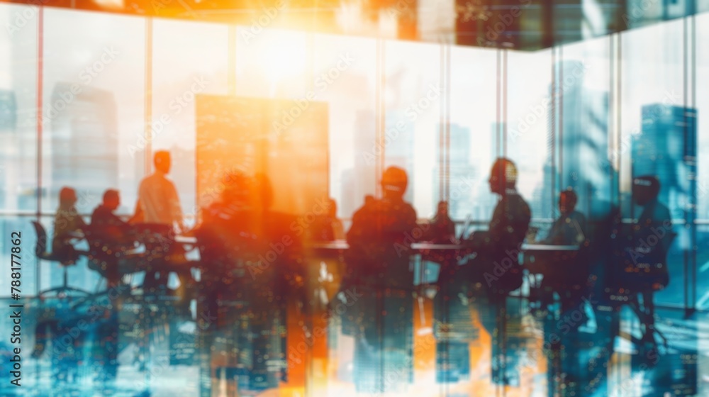 Amidst sun-drenched urban vistas, a meeting unfolds in a hazy office ...