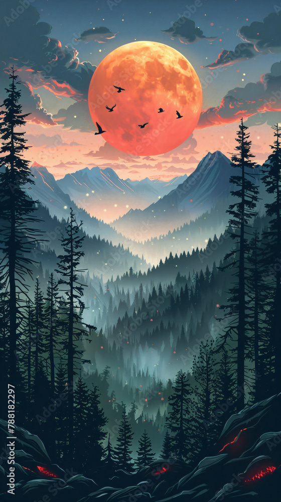 Design an outdoor theme with a forest and mountain landscape in a ...