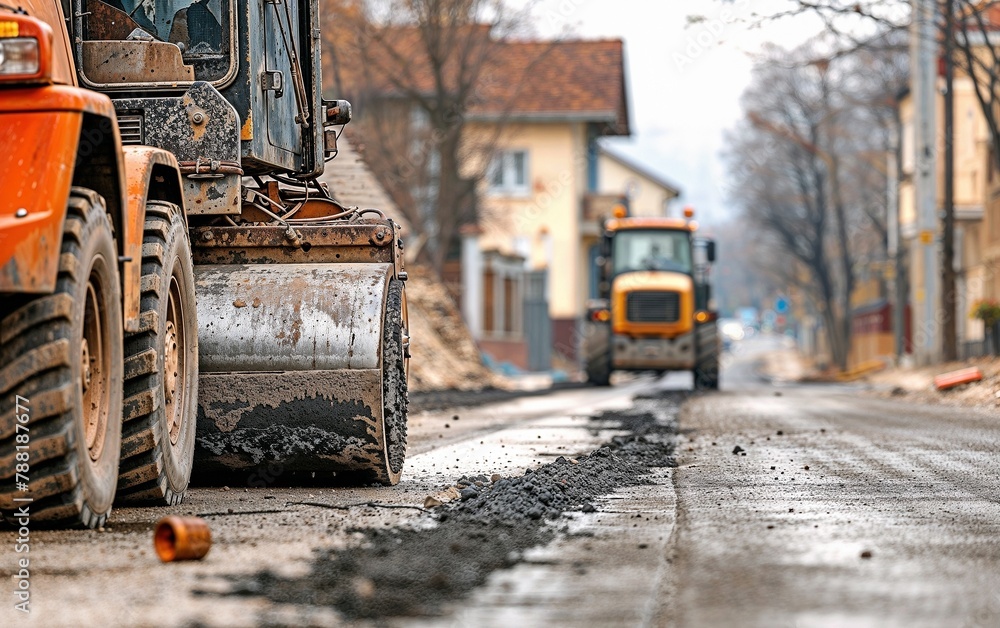 A road roller and other machinery are at work on a residential street ...