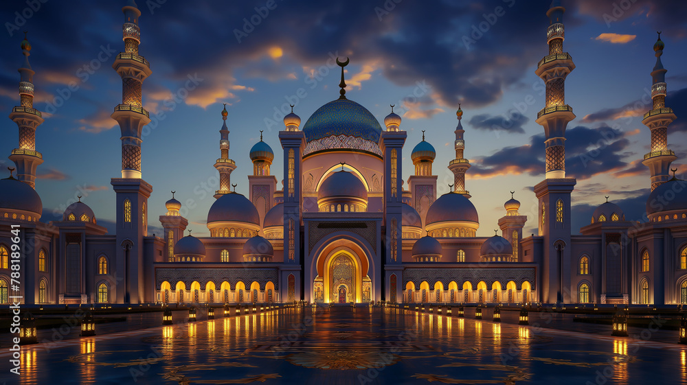 3D visualization of a mosque illuminated with dazzling lights and ...