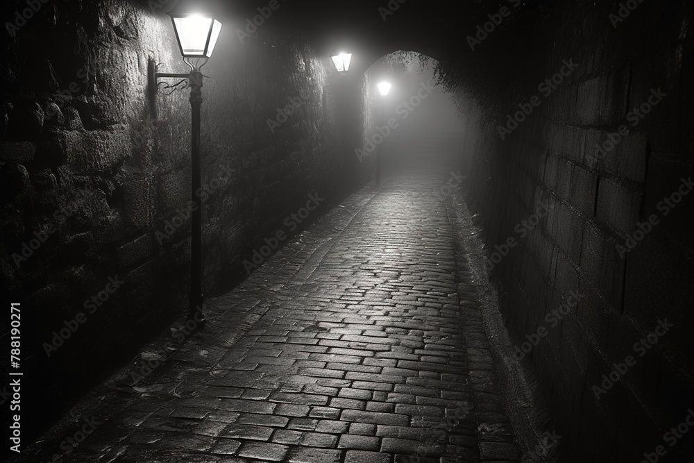 dark street light old night architecture city road wall stone path ...