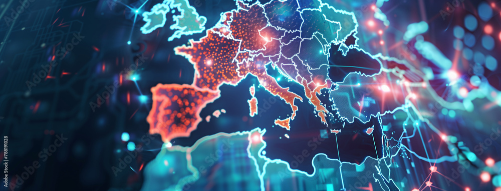 blue background with particles, Abstract digital map of Western Europe ...