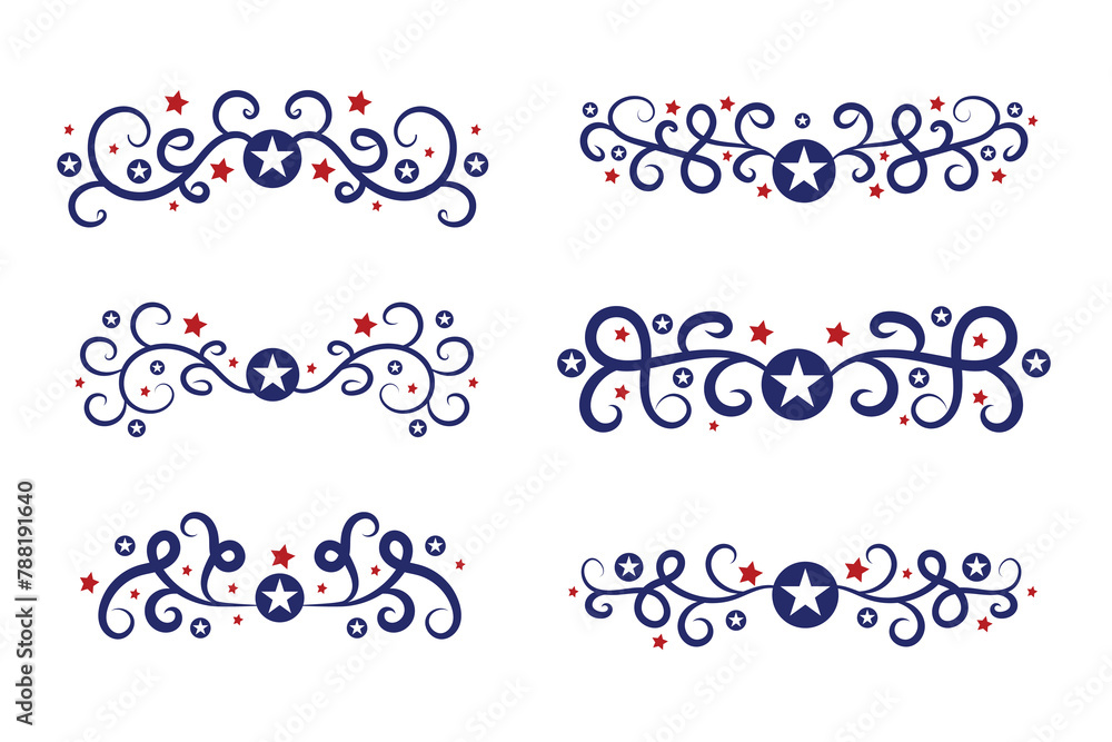 4th of July lettering header Ornate swirls, patriotic red stars, and ... 4th of July lettering header Ornate swirls, patriotic red stars, and ...
