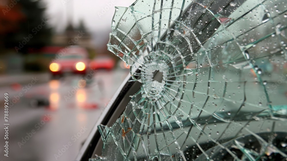 Shattered car windshield with radial cracks and raindrops against a ...