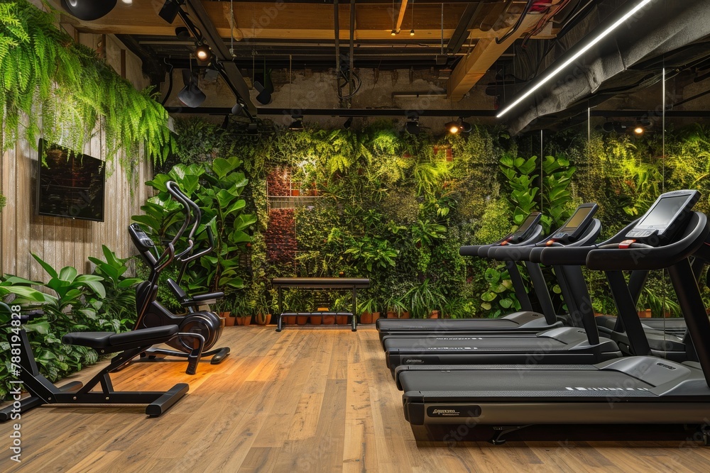 A photo of a gym featuring a row of treadmills in front of a vertical ...