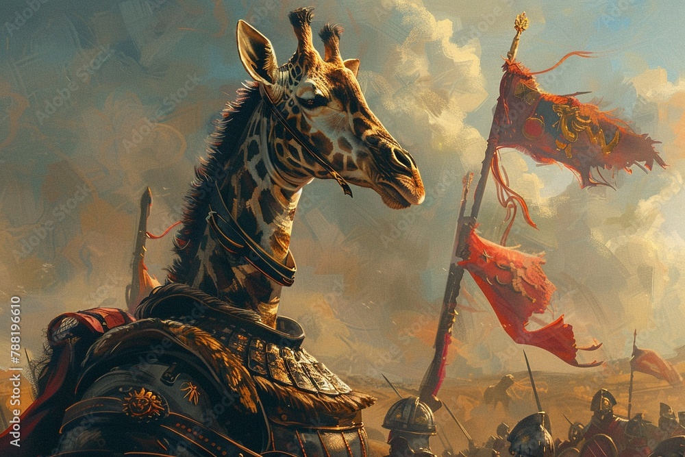 A fantasy illustration of a giraffe dressed in infantry armor, standing ...
