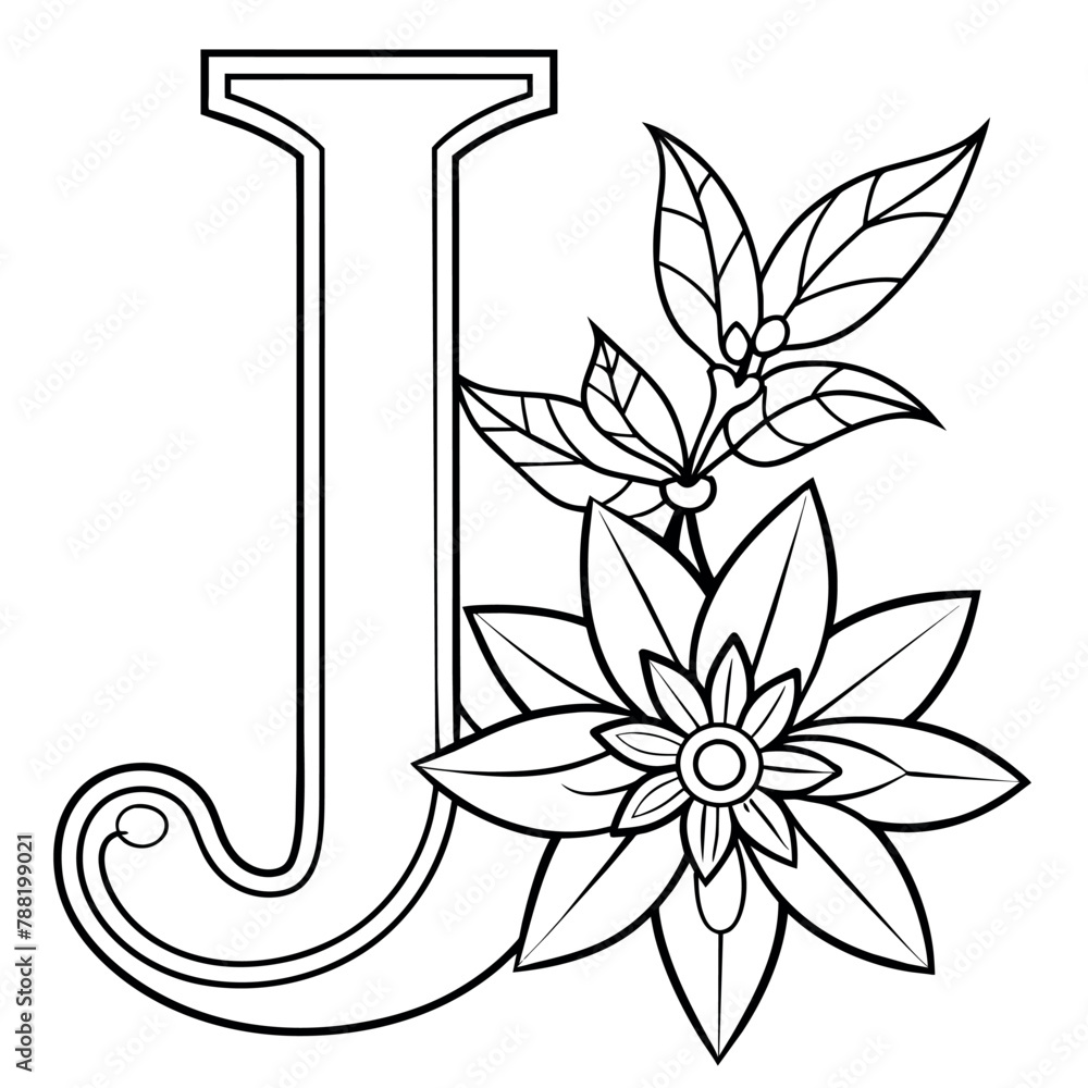 Alphabet J coloring page with the flower, J letter digital outline ...