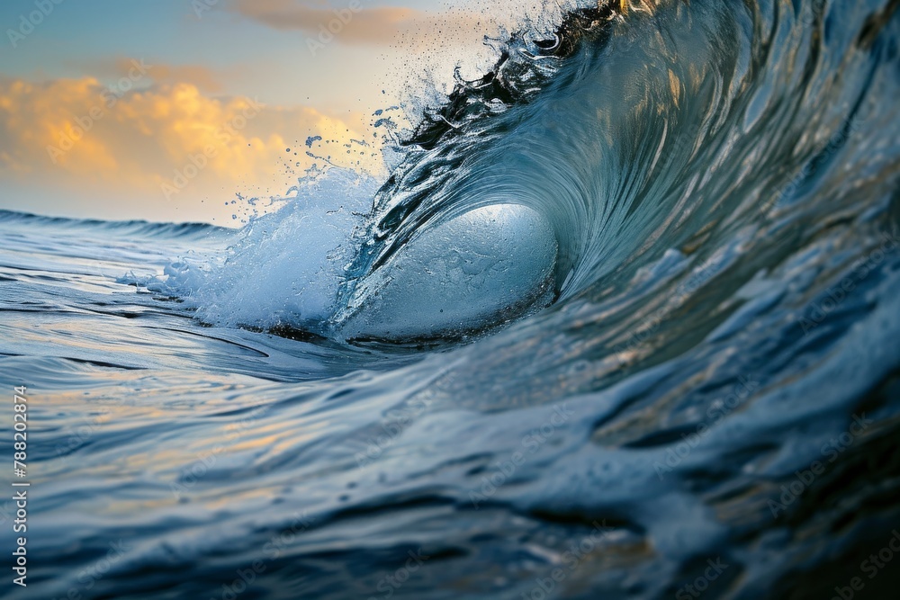 A powerful wave crashes and breaks into foam in the vast expanse of the ...