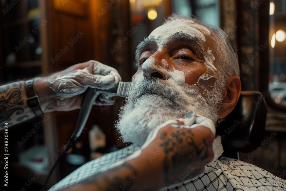 A man with a white beard is in the process of shaving his face using a ...