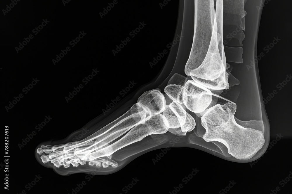 This x-ray captures a clear view of the bones within a foot, providing ...