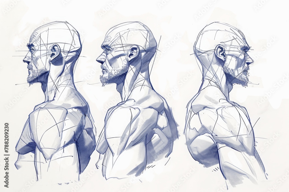 A detailed pencil drawing of a mans head and shoulders against a ...