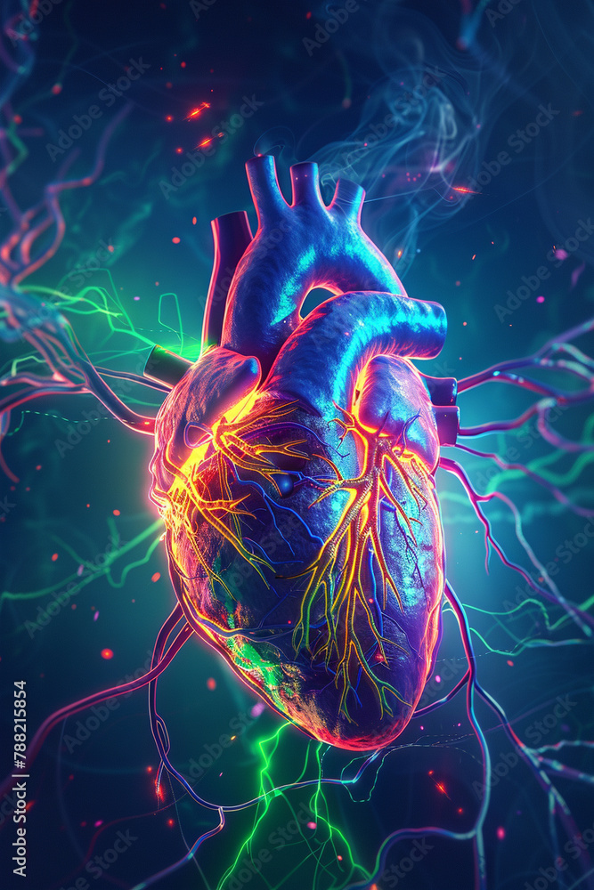 An illustration of a human heart with blue and purple veins and ...