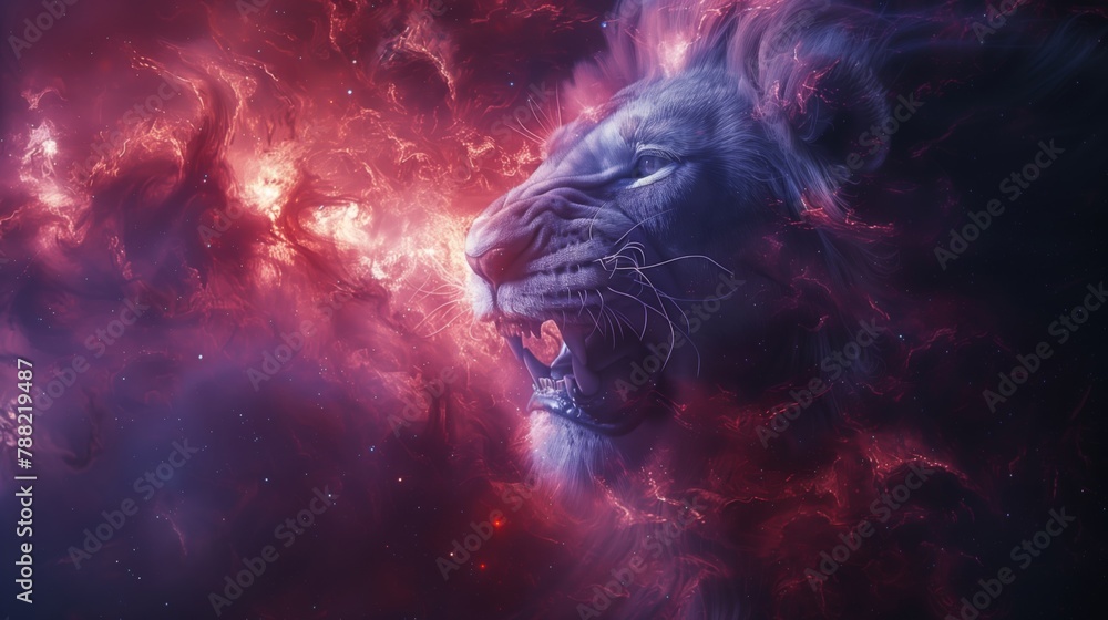 Cosmic lion's roar in nebula: surreal artwork of a mighty lion snout fiercely roaring amidst a ...