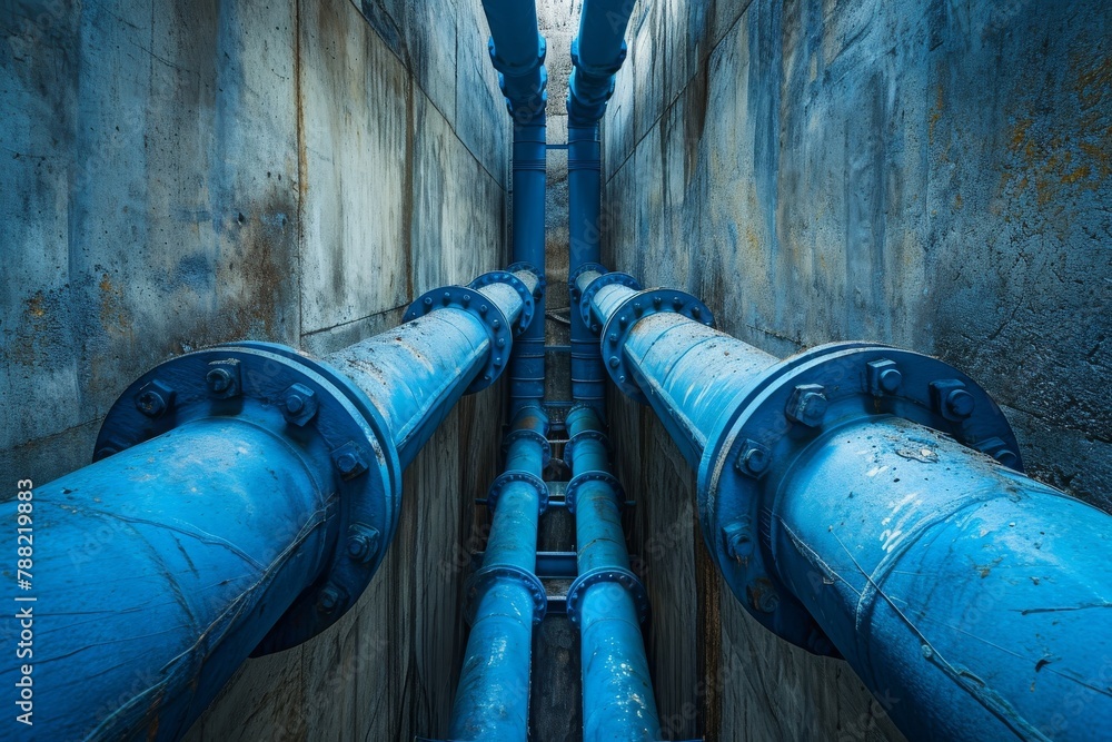 This photo captures a concrete tunnel with a prominent large blue pipe ...