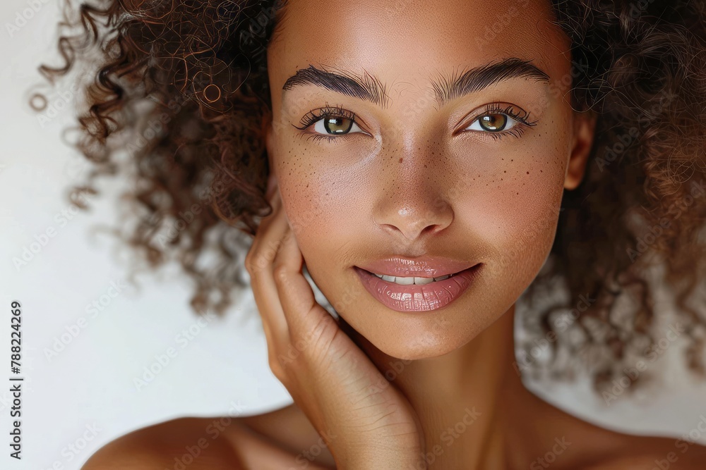 A beautiful mixed race model with curly hair, smiling and posing in ...