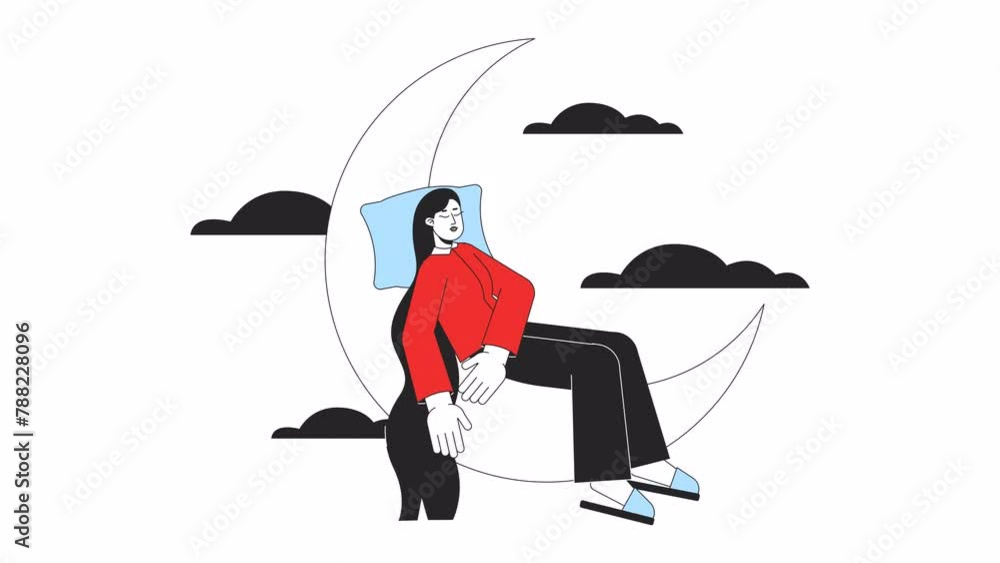 Relaxed woman sleeping on moon line 2D animation. Mental health care ...