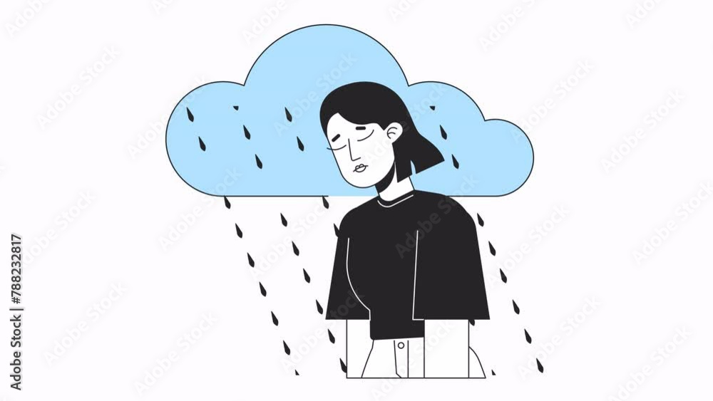 Unhappy female under rain line 2D animation. Seasonal depression ...