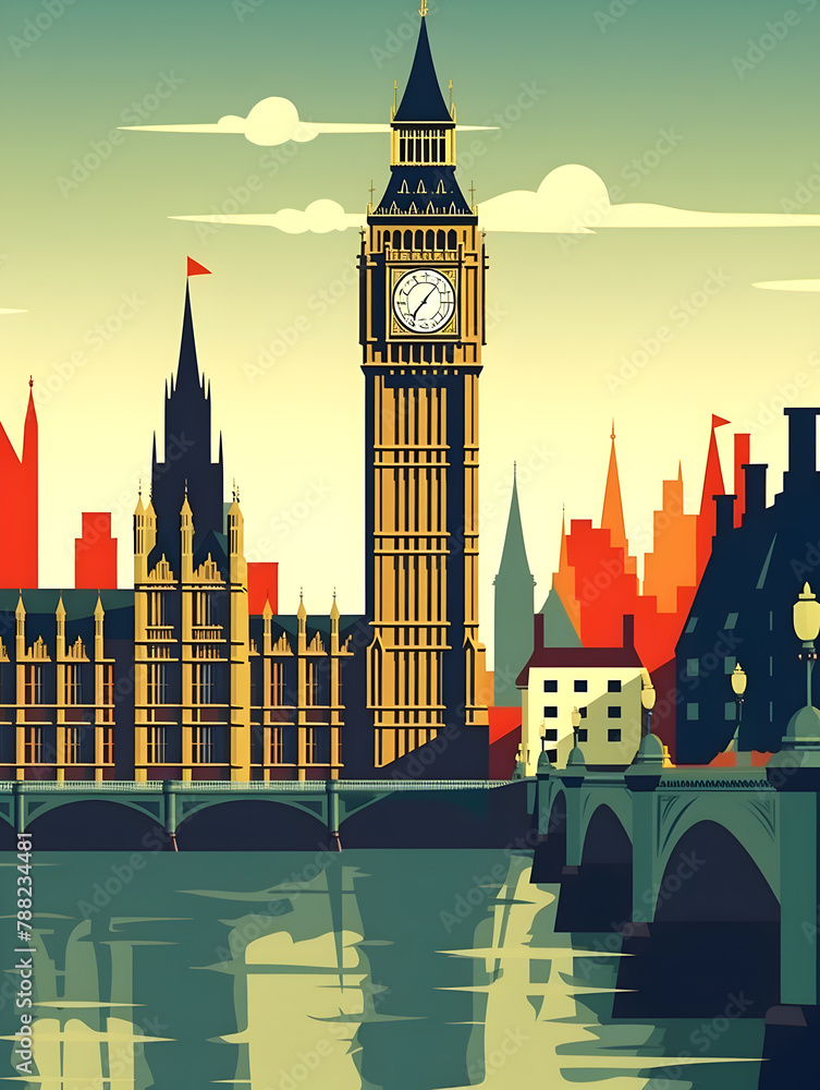 Drawing with London at sunset. Cartoon illustration with Big Ben. Stock ...