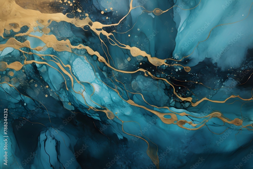 Aqua cyan blue abstract painting with a gold and blue ring, in the ...
