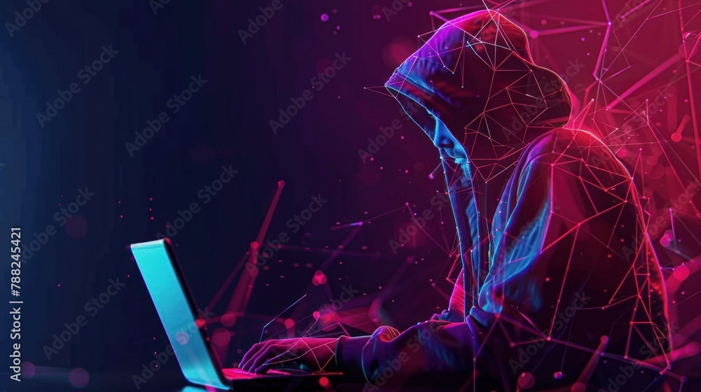 Abstract polygonal hacker with laptop on technology dark background. Cyber attack and cyber ...